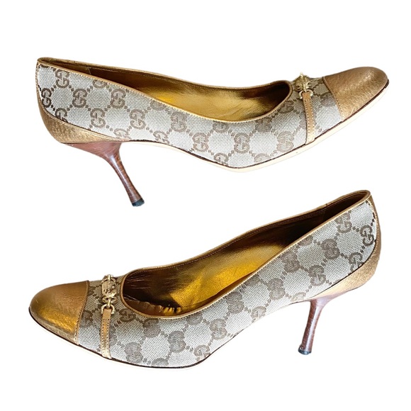 Gucci | Shoes | Sold Gucci Bronzegold Monogram Kitten Heels | Poshmark